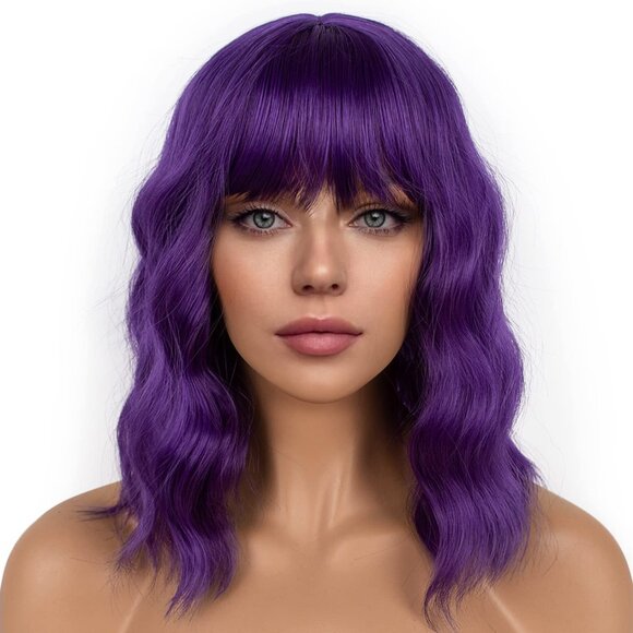 LANCAINI | Hair | Lancaini Dark Purple Short Bob Wig With Bangs Loose ...